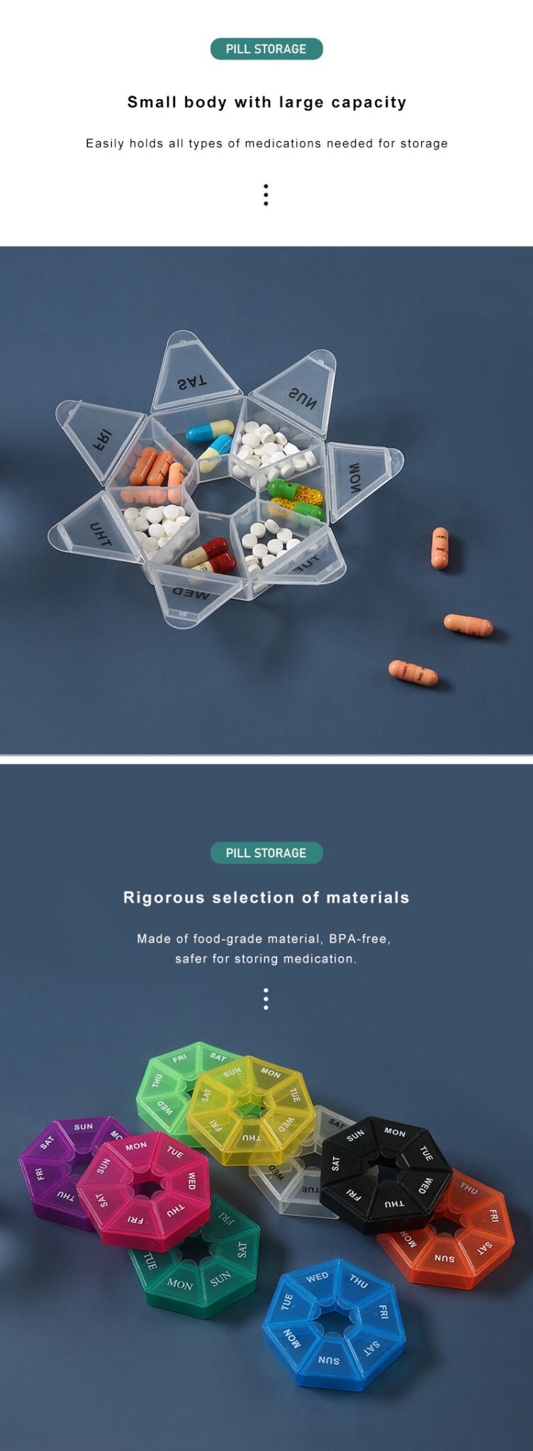 Weekly Heptagonal Pill Box | 7 Compartment Pill Organizer